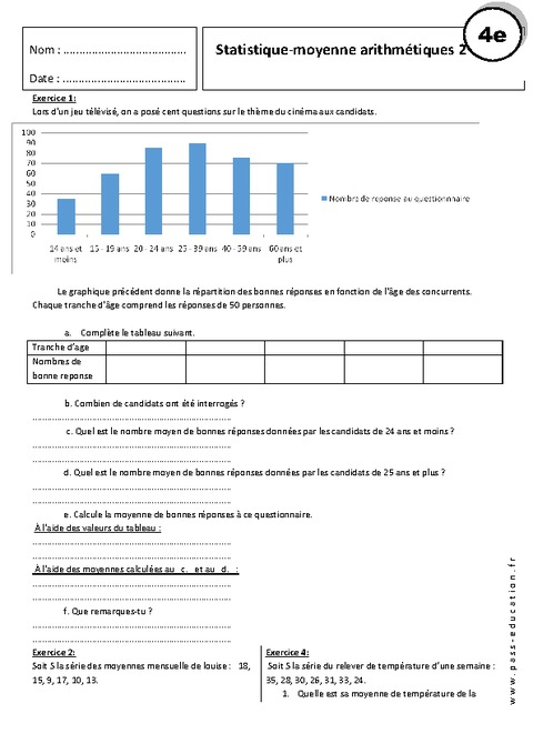 Statistiques - Moyennes arithmétiques - 4ème - Exercices corrigés ...