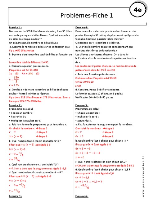 Equations – Inéquations – 4ème – Problèmes - Exercices corrigés - Pass ...