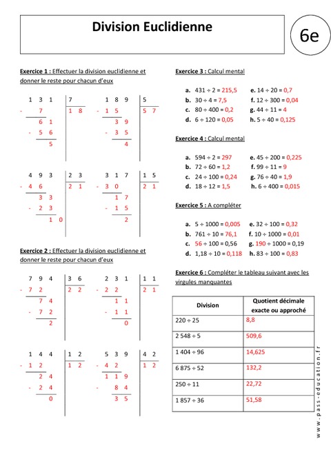 Division Euclidienne - Exercices corrigés - 6ème - Divisions - Pass ...