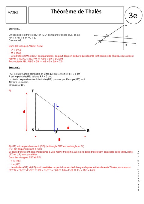 Théorème de Thalès - 3ème - Exercices corrigés - Géométrie - Collège ...