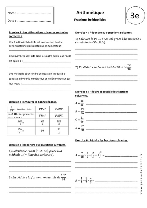 Fractions irréductibles - Exercices corrigés - 3ème - Arithmétique ...