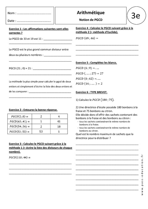 Notion de PGCD - Exercices corrigés - 3ème - Plus grand commun diviseur ...