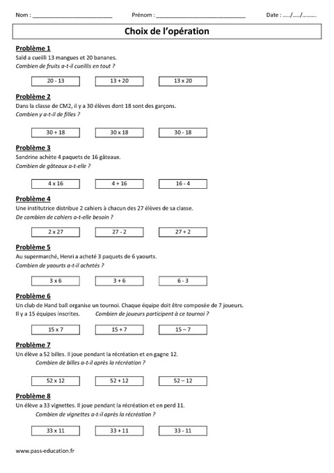 Addition - Soustraction - Multiplication - Problèmes – Cm1 – Cm2 ...