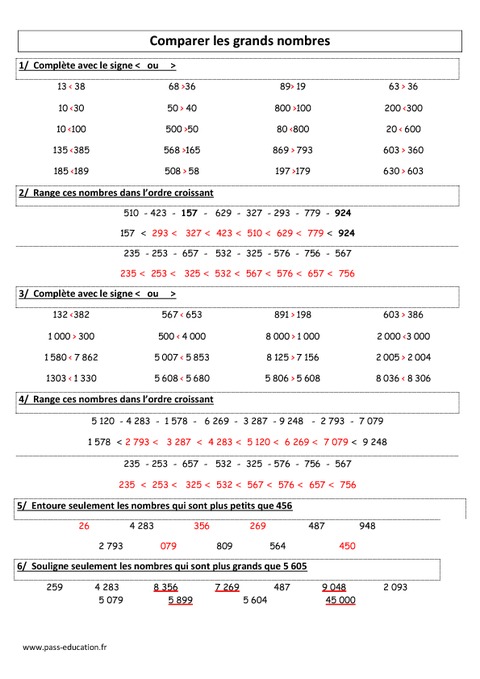 Comparer les grands nombres – Ce2 – Exercices corrigés – Numération ...