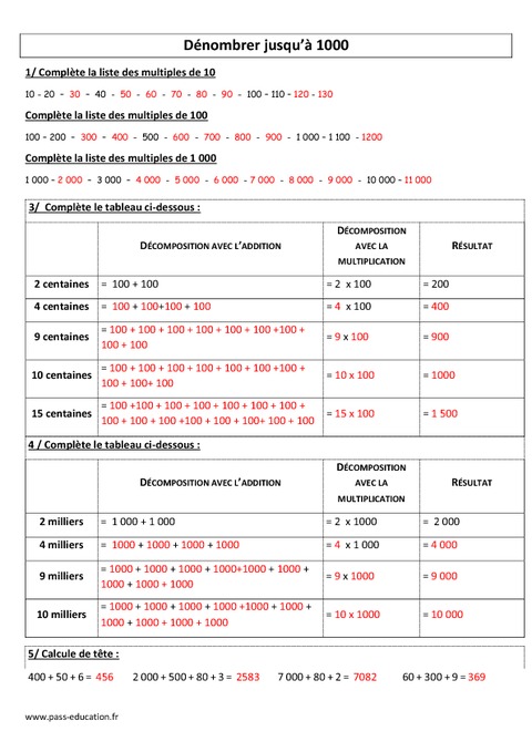 Dénombrer jusqu’à 1000 – Ce2 – Exercices corrigés – Numération - Cycle ...