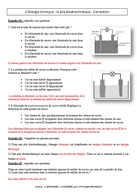 Energie chimique - Pile électrochimique – 3ème – Exercices corrigés ...