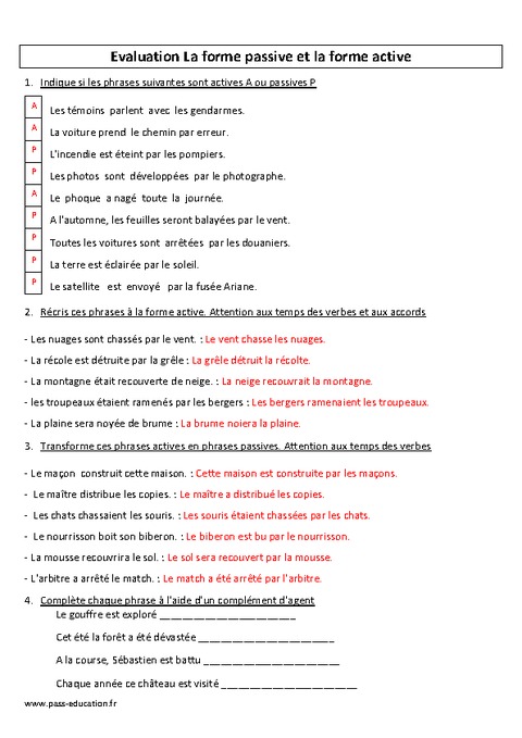 Forme active – Forme passive - Cm1 – Cm2 – Evaluation - Pass Education