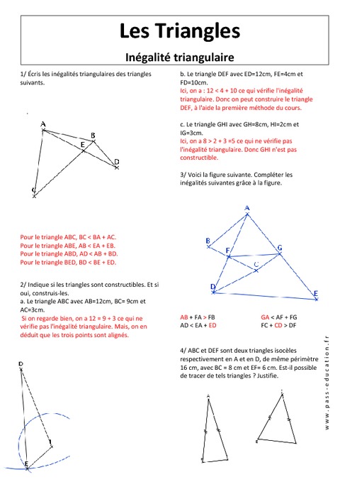 Inégalité triangulaire - Triangles - Exercices corrigés - 5ème ...