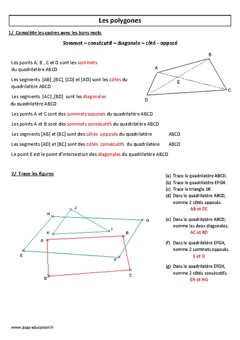 Polygones – Vocabulaire - Cm1 - Exercices corrigés - Pass Education