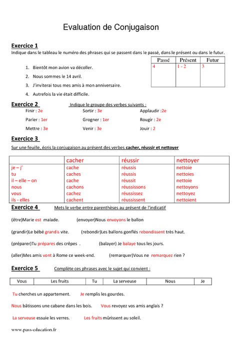 Présent - Groupes des verbes – Cm1 – Evaluation - Pass Education