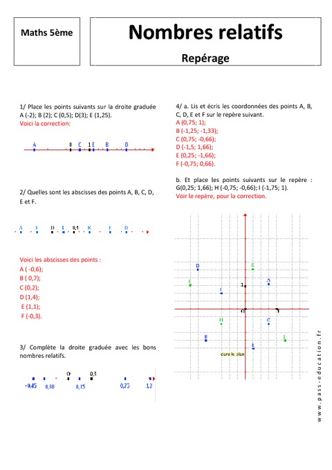 Repérage - Nombres relatifs - 5ème - Exercices corrigés - Pass Education