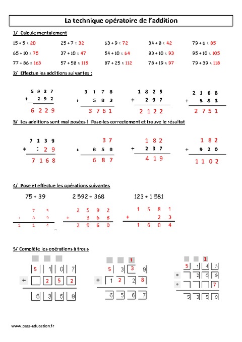 Technique opératoire de l’addition – Ce2 - Cm1 – Exercices corrigés ...