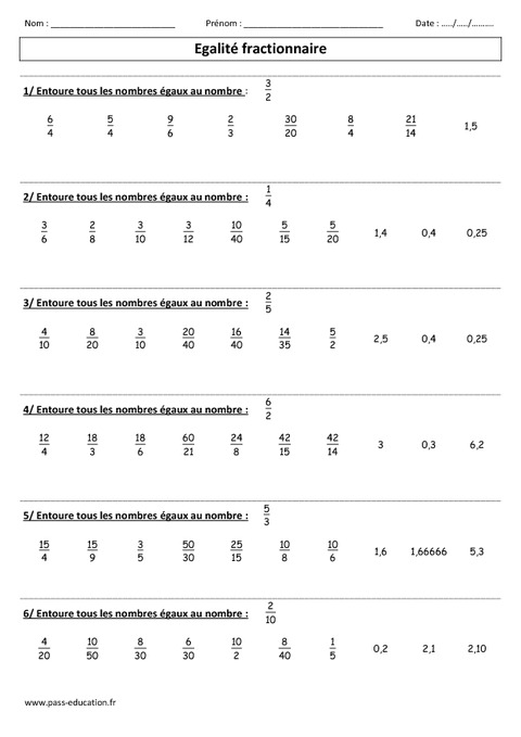 Egalité fractionnaire – Exercices corrigés – Cm1 – Cm2 – Numération ...