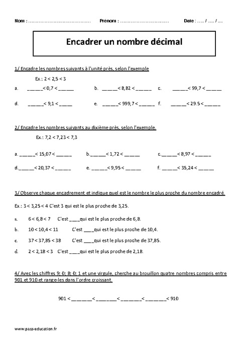 Encadrer un nombre décimal – Cm2 – Exercices corrigés – Numération ...