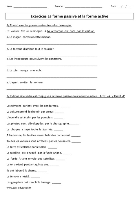 Forme passive - Forme active – Cm1 – Exercices avec correction - Pass ...