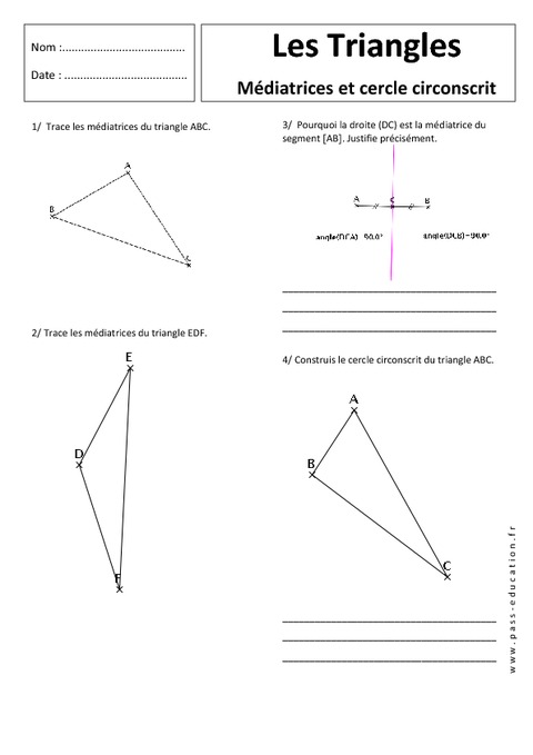 Médiatrice et cercle circonscrit - Triangles - Exercices corrigés ...