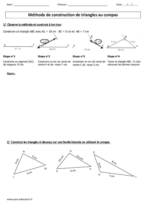 Méthode de construction de triangles au compas – Cm1 – Cm2 – Exercices ...