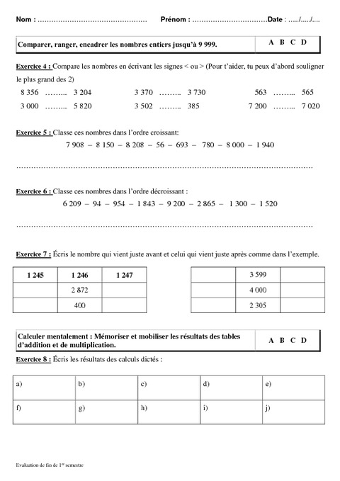 Mathématiques - Fin de semestre 1 - Evaluation - Ce2 - Cycle 3 - Pass ...