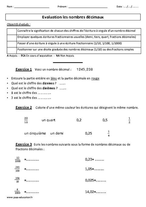 Nombres décimaux – Cm2 – Evaluation - Pass Education