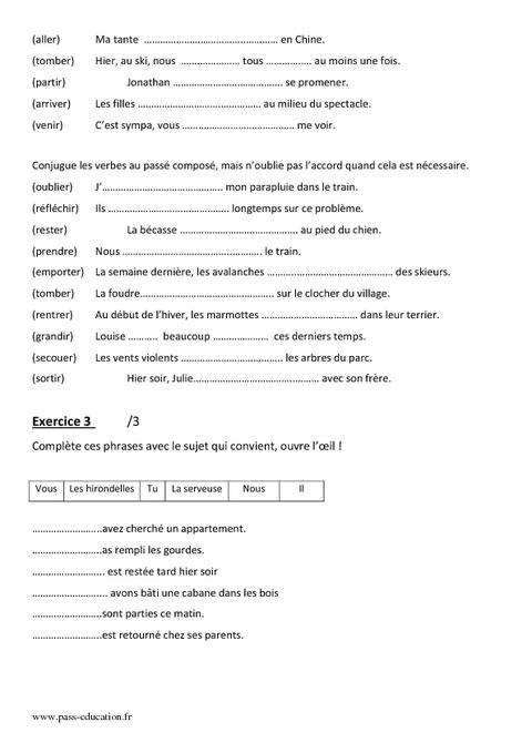 Passé composé – Ce2 – Evaluation - Pass Education