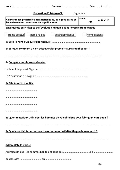 Préhistoire - Ce2 - Evaluation - Pass Education