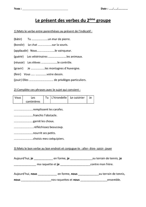Présent des verbes du 2ème groupe - Ce2 - Cm1 - Cm2 – Exercices ...
