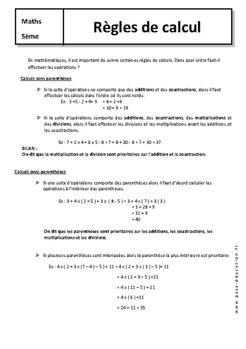 Règles de calcul - Cours - 5ème - Mathématiques - Collège - Pass Education