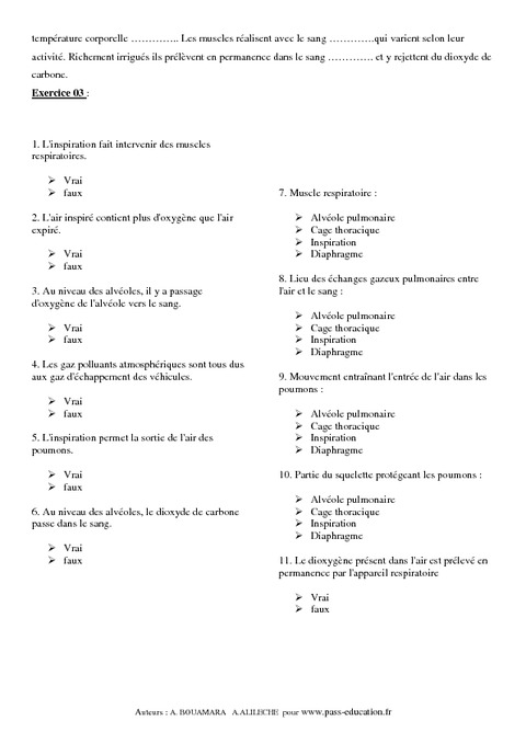 Respiration - Apport du dioxygène au sang – 5ème – Exercices corrigés ...