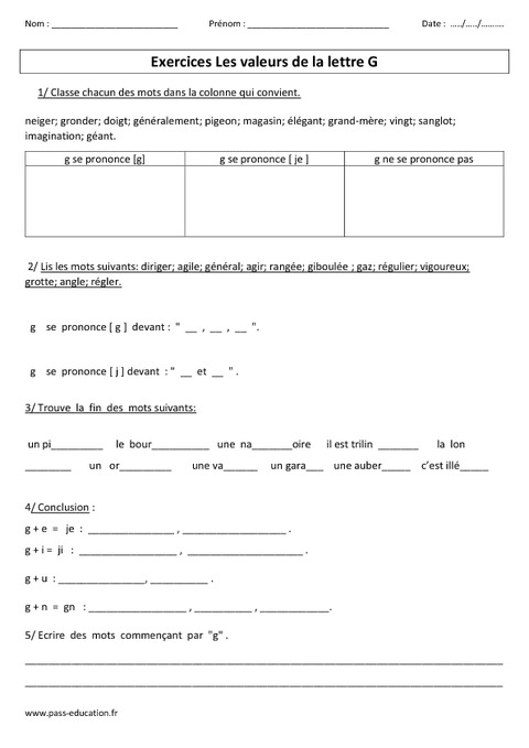 Valeurs de la lettre G – Ce2 - Exercices corrigés - Pass Education