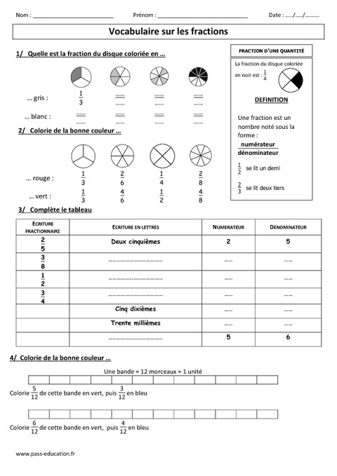 Vocabulaire sur les fractions – Exercices corrigés – Cm1 – Cm2 ...