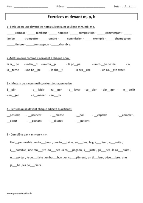 m devant m, p, b – Ce2 - Cm1 – Exercices avec correction - Pass Education