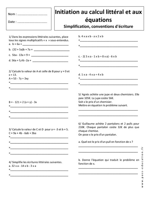 Conventions d'écriture - Simplification - Calcul littéral - Equations ...