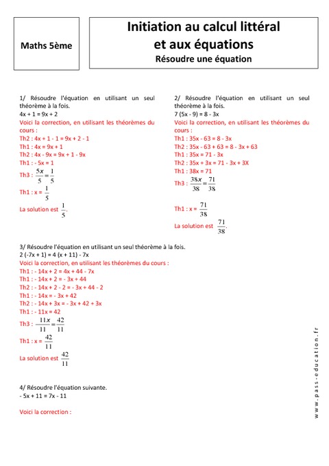 Résoudre une équation – Calcul littéral – 5ème - Exercices corrigés ...