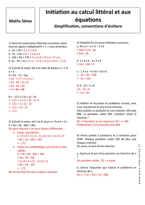 Simplification - Calcul littéral - Equations - 5ème - Exercices ...