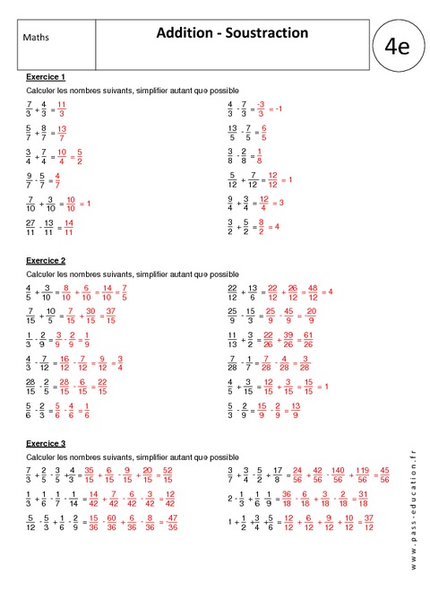 Addition - Soustraction - 4ème - Exercices corrigés - Nombres relatifs ...