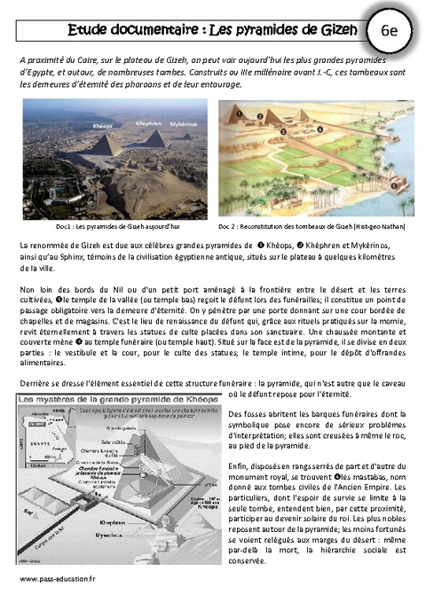 Pyramides de Gizeh - 6ème - Lecture documentaire - Egypte au IIIe ...