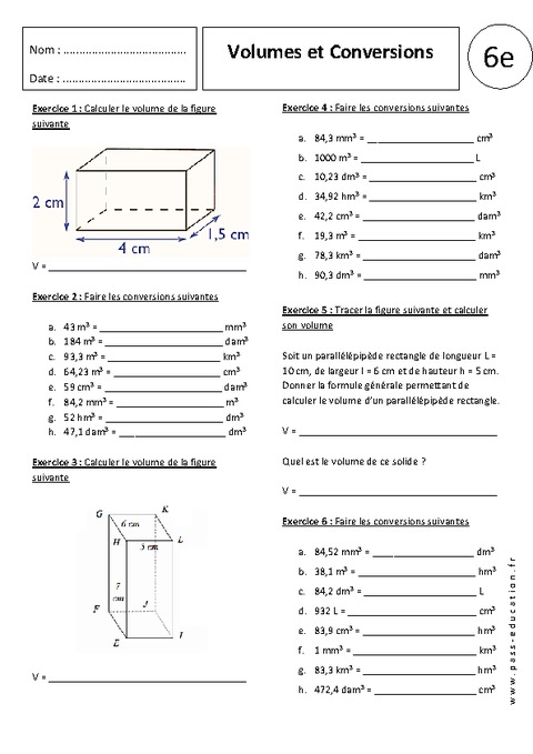 Volumes et conversions – Exercices corrigés – 6ème – Grandeurs et ...