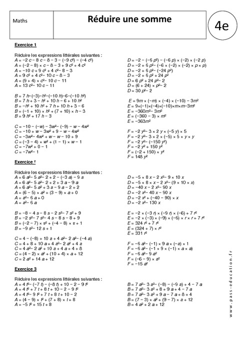 Réduire une somme – Exercices corrigés – 4ème - Calcul littéral - Pass ...