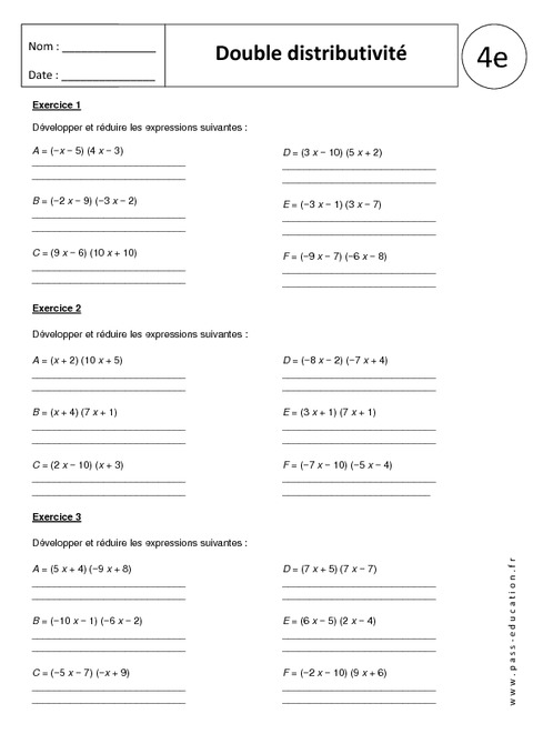 Développer en utilisant la double distributivité - 4ème - Exercices ...