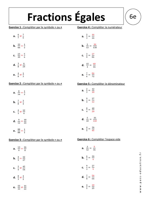 Fractions égales – 6ème - Exercices corrigés – Ecritures fractionnaires ...