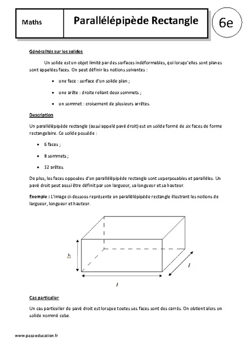 Parallélépipède rectangle - Cours - 6ème - Géométrie - Pass Education