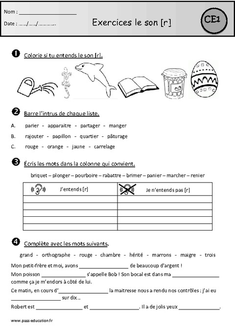Exercices – Son r – Ce1– Cycle 2 – Etude des sons - Pass Education