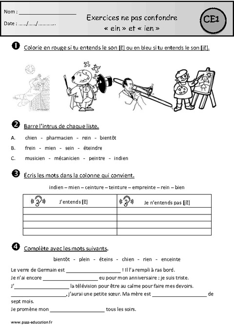 Exercices - ein et ien – Ne pas confondre – Ce1 – Cycle 2 - Pass Education