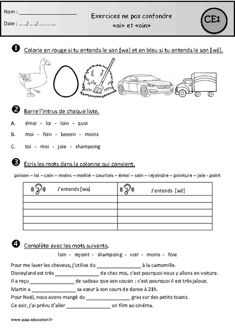 Exercices - oi et oin – Ne pas confondre – Ce1 – Cycle 2 - Etude des ...