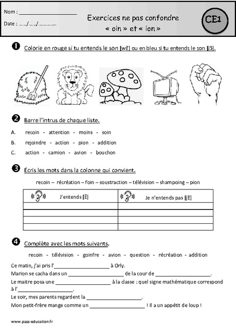 Exercices - oin et ion – Ne pas confondre – Ce1 – Cycle 2 - Pass Education