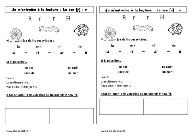 Fiche de lecture – Son r – Cp – Etude des sons – Cycle 2 - Pass Education