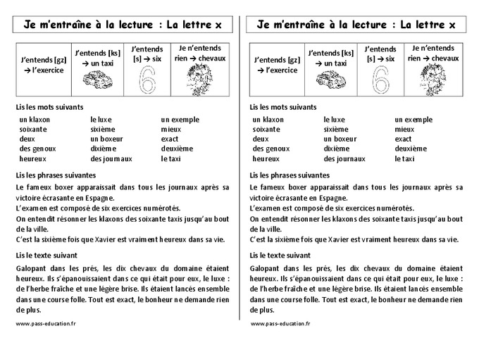 Fiche de lecture - La lettre x - Ce1 – Cycle 2 - Etude des sons - Pass ...