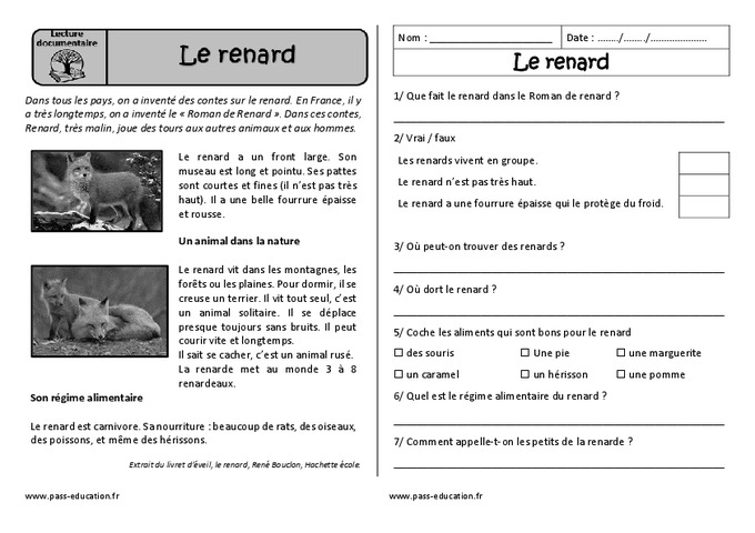 Le renard – Ce1 – Lecture documentaire – Cycle 2 - Pass Education