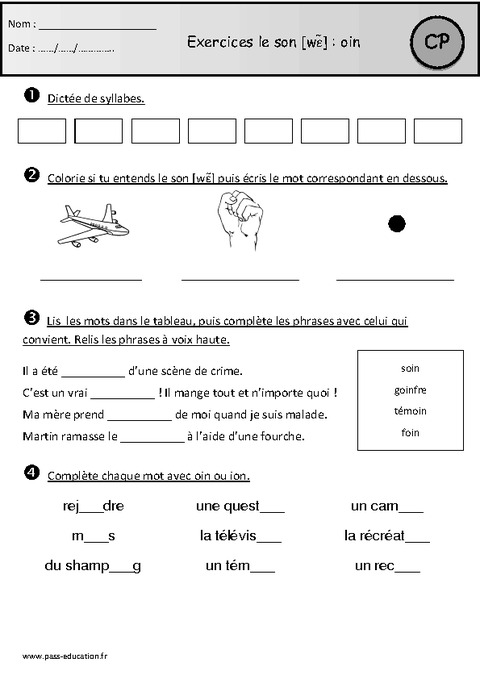 Exercices – Son oin – Cp – Etude des sons – Cycle 2 - Pass Education