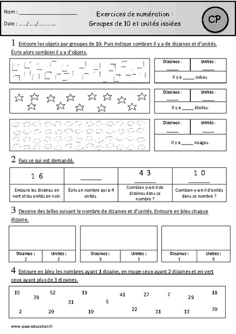 Exercices - Groupes de 10 et unités isolées - Cp – Cycle 2 - Pass Education